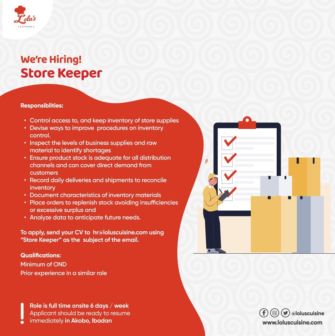 Jobs - Lolu's Cuisine | Food delivery and event catering in Ibadan